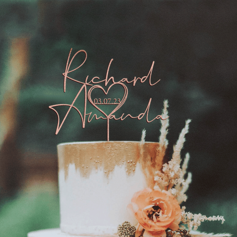 Cake Topper with Heart, Couple Names Wedding Cake Topper