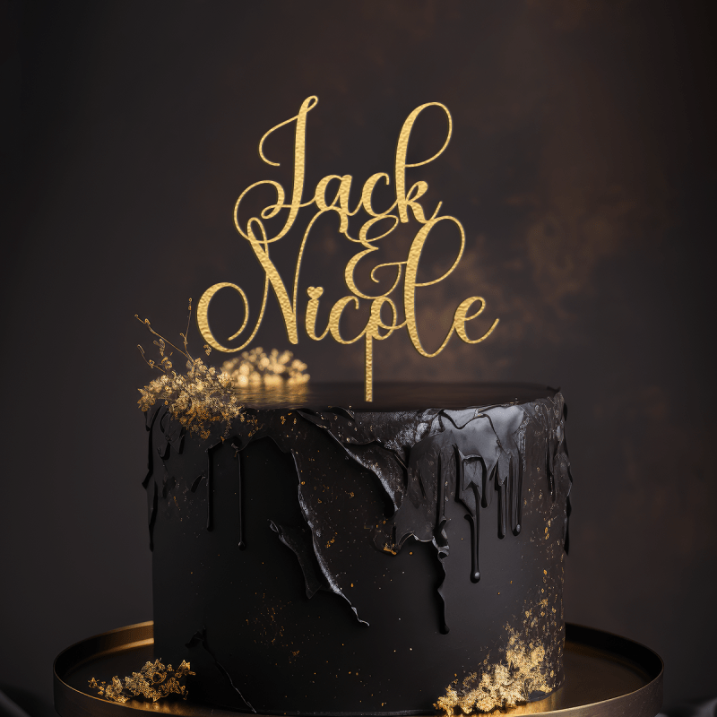 Two Custom Name Cake Topper, Gold Wedding Cake Topper