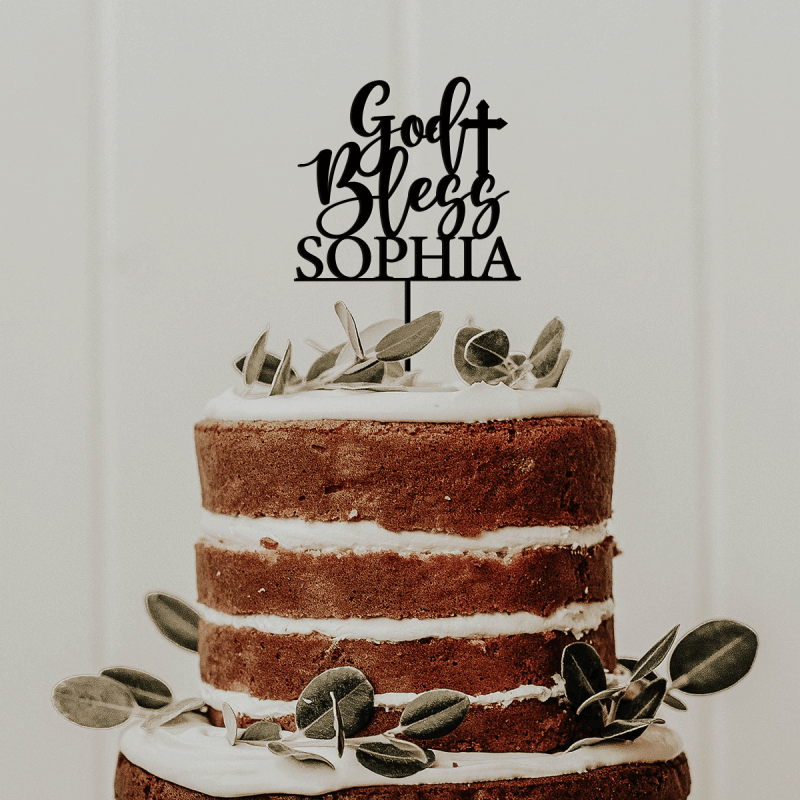 God Bless Custom Cake Topper with Name, Baptism Cake Topper