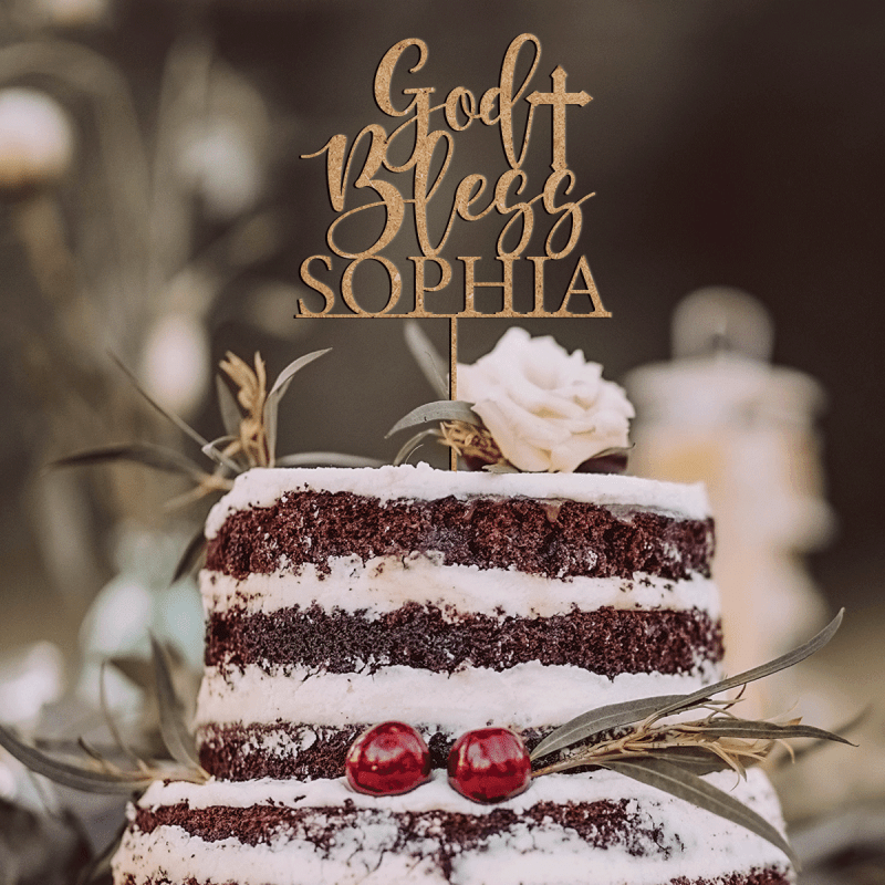 God Bless Custom Cake Topper with Name, Baptism Cake Topper