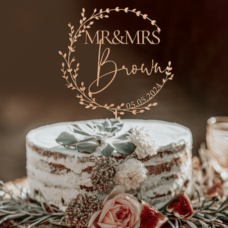Wreath Wedding Cake Topper, Rustic Cake Topper with Mr and Mrs