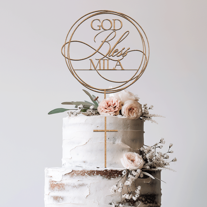 Baptism Cake Topper, Custom Wreath God Bless Cake Topper