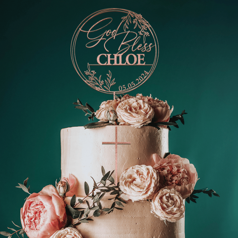 God Bless Cake Topper, Custom Wreath Baptism Cake Topper