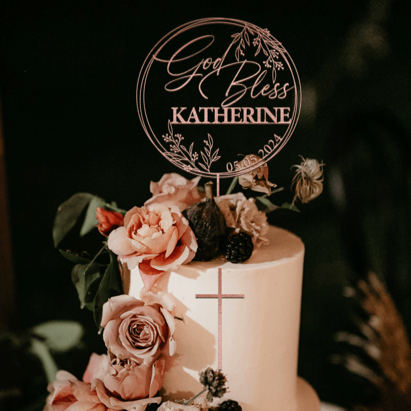 God Bless Cake Topper, Custom Wreath Baptism Cake Topper
