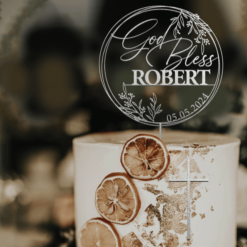 God Bless Cake Topper, Custom Wreath Baptism Cake Topper