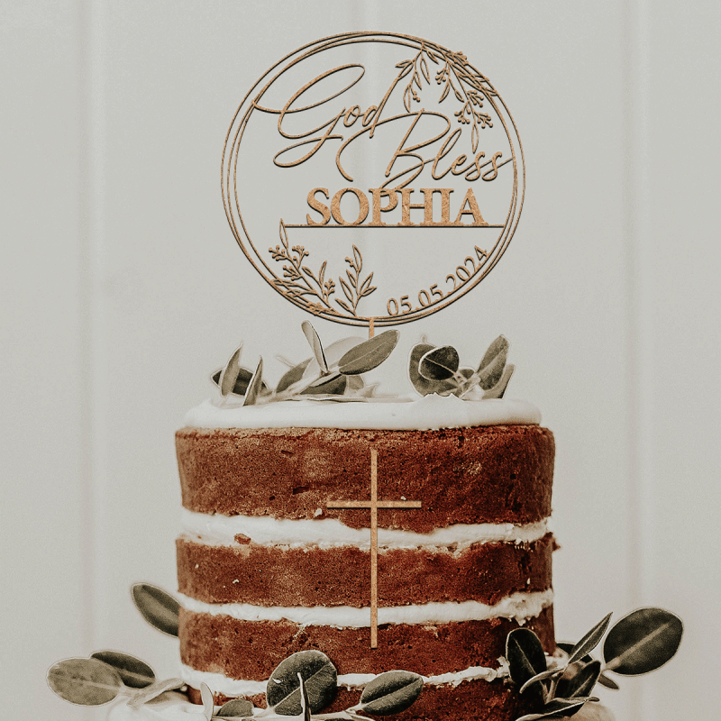 God Bless Cake Topper, Custom Wreath Baptism Cake Topper