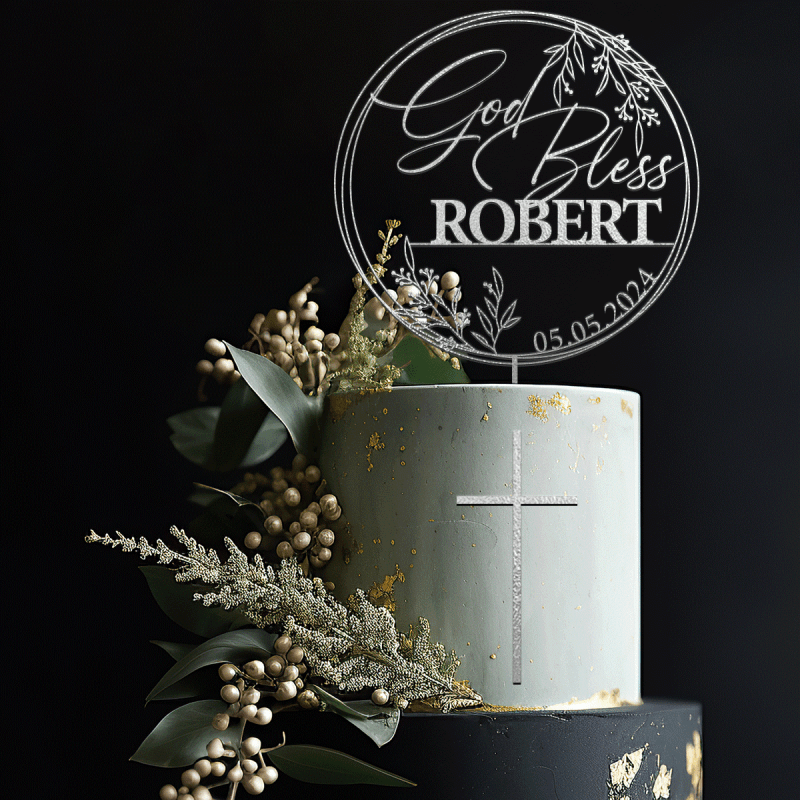 God Bless Cake Topper, Custom Wreath Baptism Cake Topper